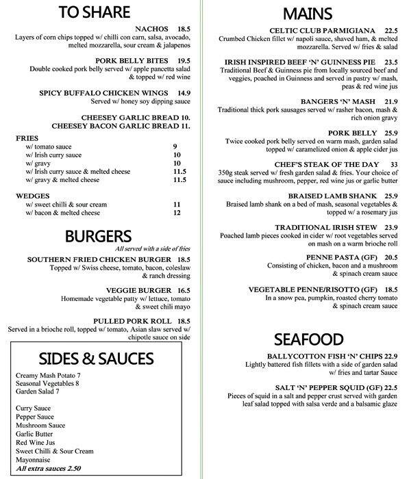 Menu at The Celtic Club, Melbourne