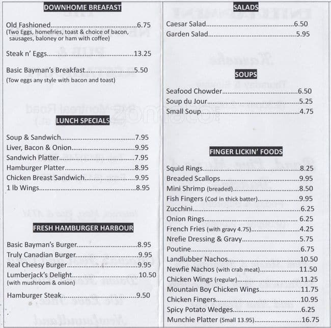 Menu at The Newfoundland Pub, Ottawa