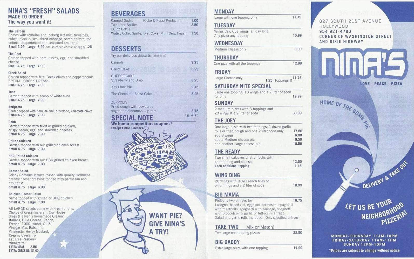 Menu at Nina's Pizza pizzeria, Hollywood