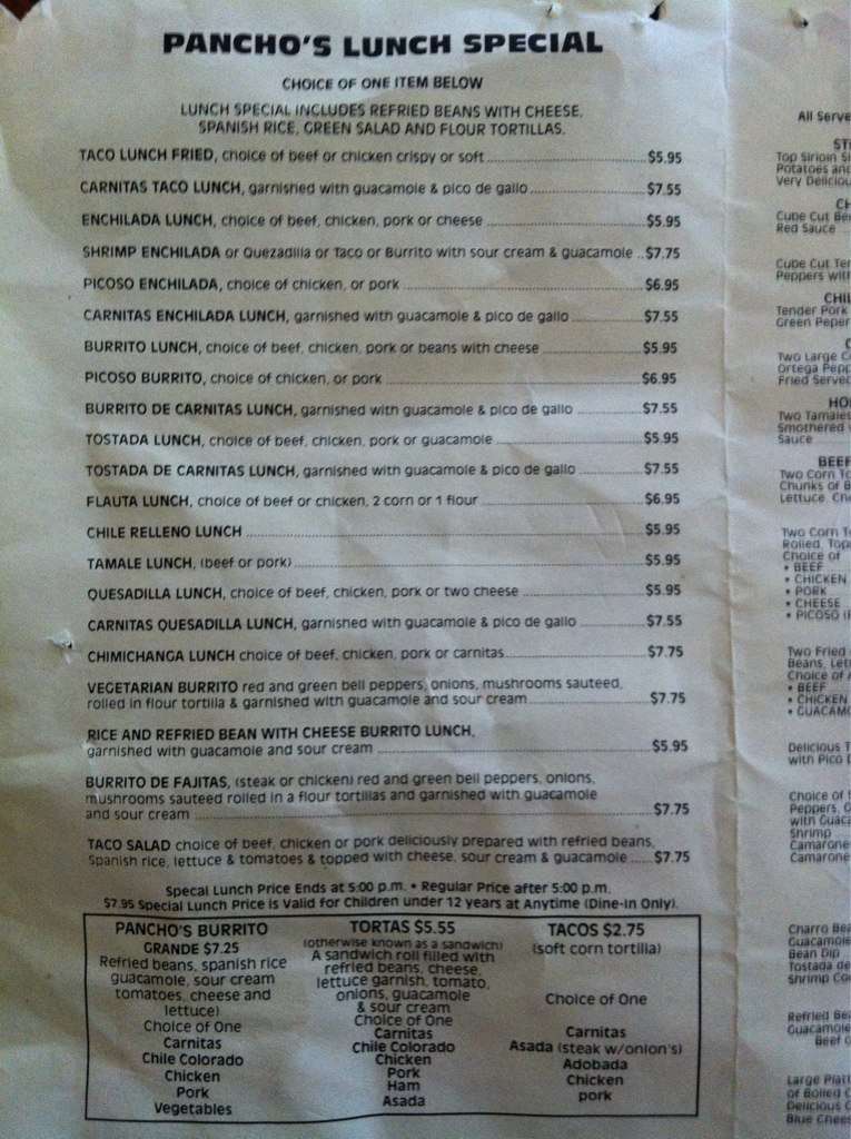 Menu at Pancho's Cocina Mexicana & Grill pub & bar, Sacramento