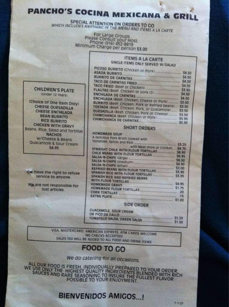 Menu at Pancho's Cocina Mexicana & Grill pub & bar, Sacramento
