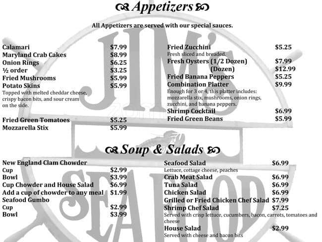 Menu at Jim's Seafood restaurant, Frankfort