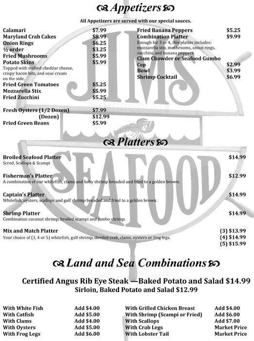 Menu at Jim's Seafood restaurant, Frankfort