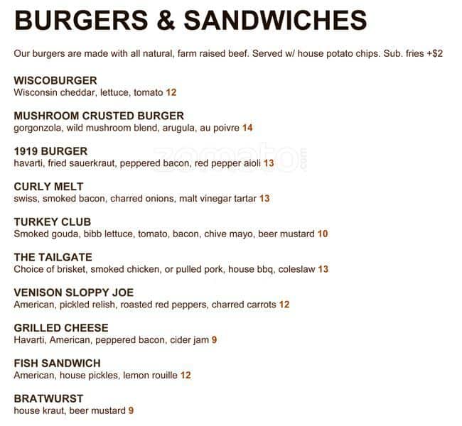 Menu at 1919 Kitchen & Tap pub & bar, Green Bay