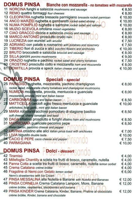 Menu at Domus Pinsa Prenestina pizzeria, Rome, Via Prenestina