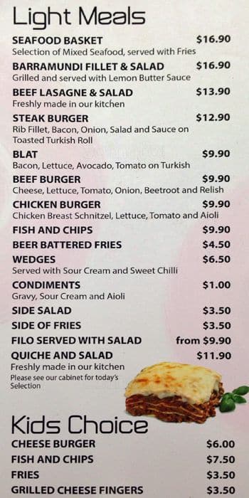 Menu at Pink Lotus cafe, Gold Coast