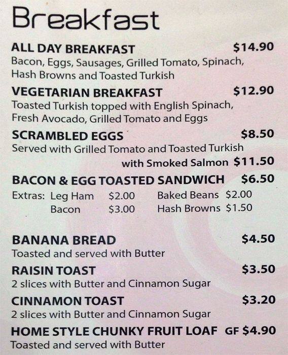 Menu at Pink Lotus cafe, Gold Coast