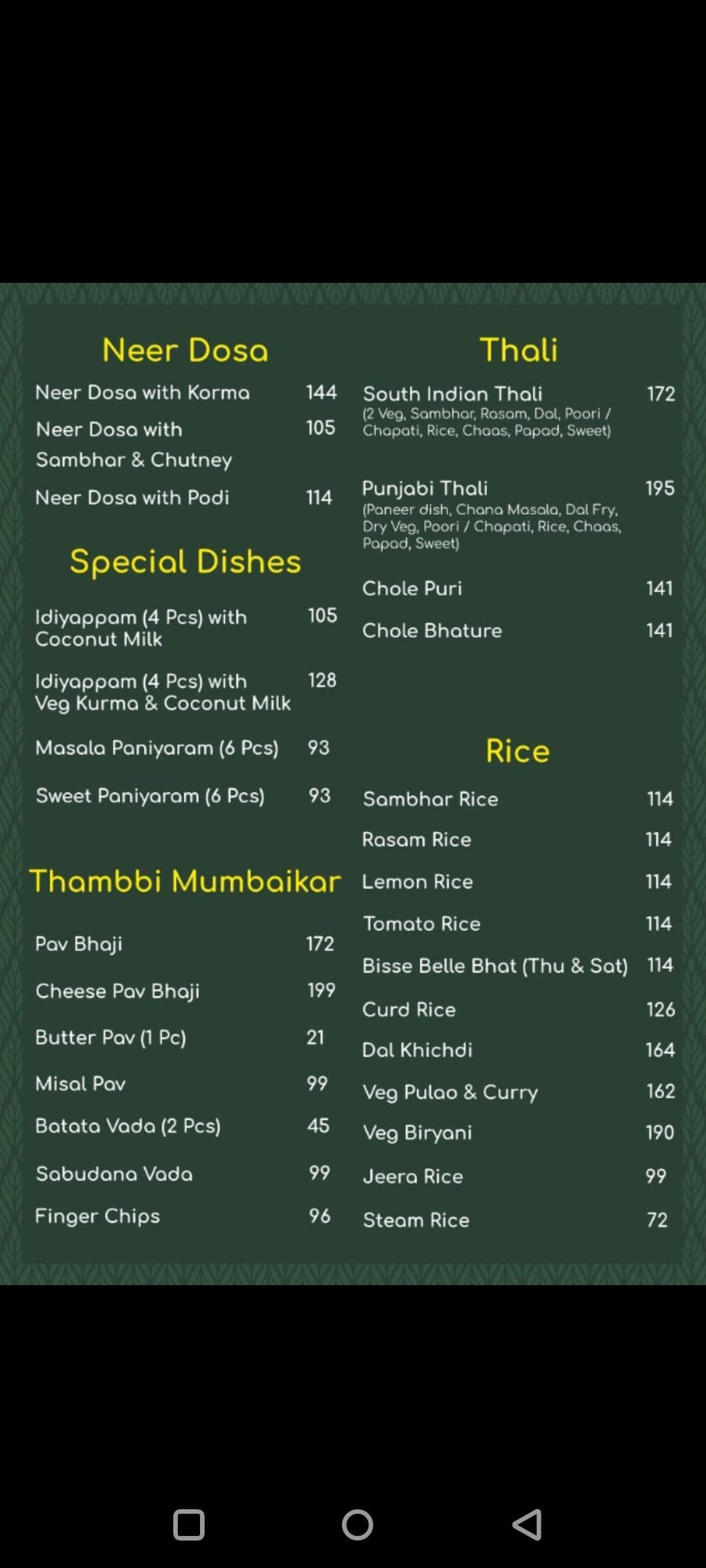 Menu of Thambbi, Panch Pakhadi, Thane West, Thane