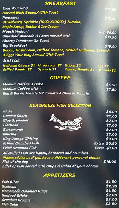 Menu at Sea Breeze On Chapel restaurant, Keysborough