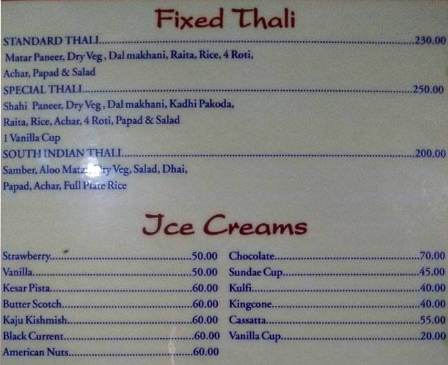 Menu at Chotiwala, Haridwar, Subhash Ghat
