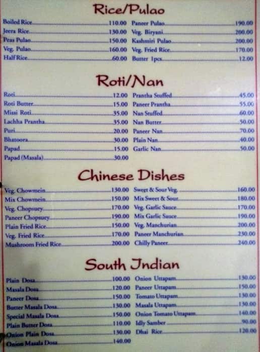Menu at Chotiwala, Haridwar, Subhash Ghat