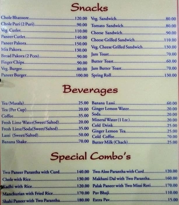 Menu at Chotiwala, Haridwar, Subhash Ghat