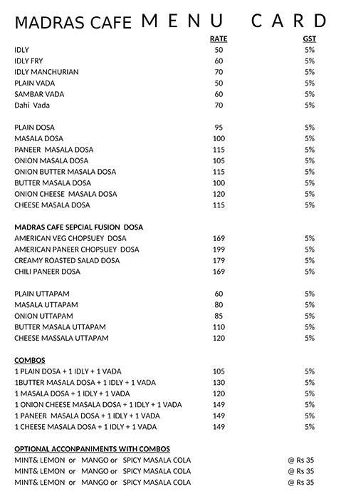 Menu at Madras Cafe, Kolkata, Asha Vila