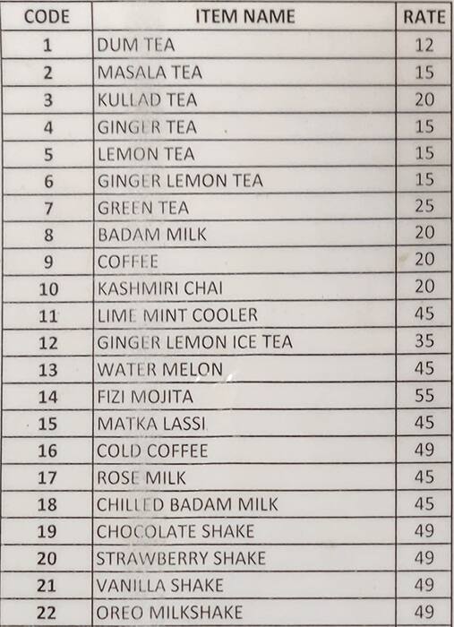 Menu of Tea Time, Suraram, Hyderabad