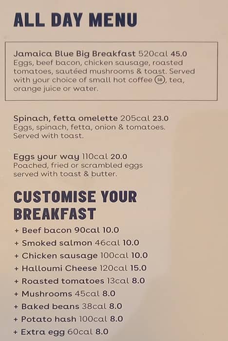 Menu of Jamaica Blue, Ibn Battuta Mall, Jebel Ali Village, Dubai