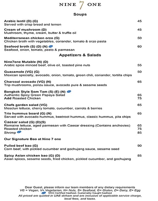 Menu of Nine7One - Anantara Downtown Dubai, Business Bay, Dubai