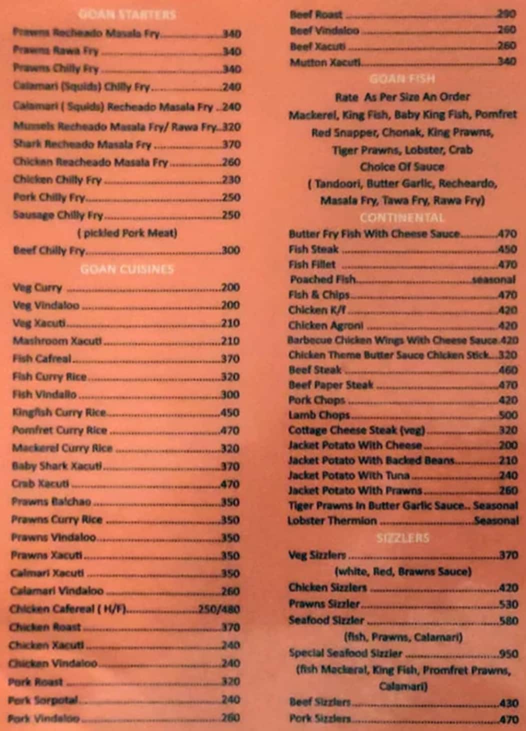 Menu of Babutes Classic Bar, Calangute, Goa