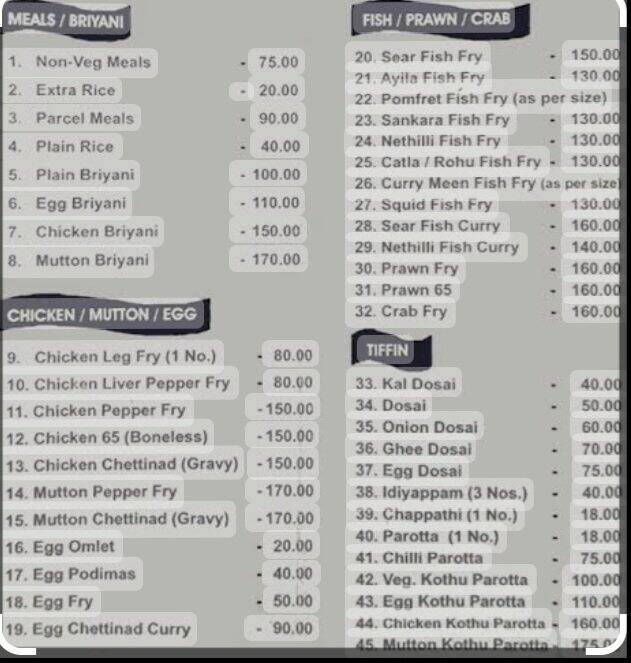 Menu of Vanavil Hotel Veg & Nonveg, Ambattur, Chennai