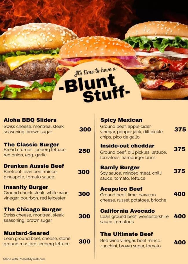 Menu of Blunt Stuff, Medavakkam, Chennai