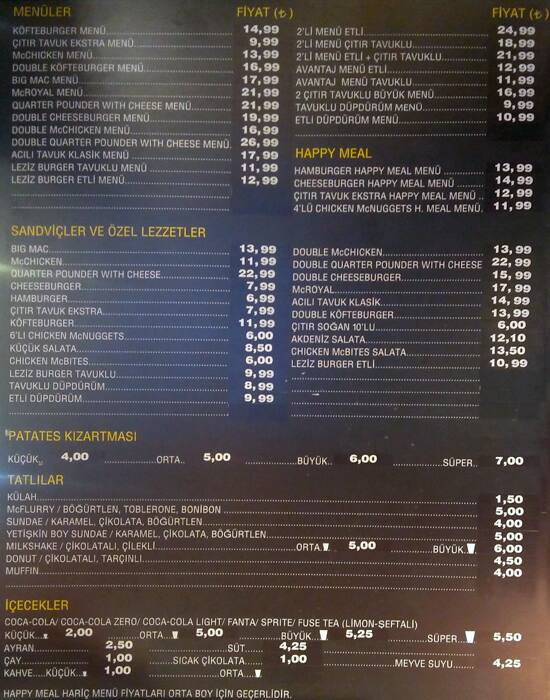 Menu at McDonald's Özdilek AVM, Istanbul