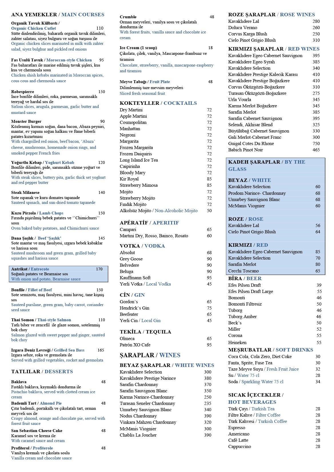 Carta de Veranda Restaurant & Lounge InterContinental Istanbul, Estambul