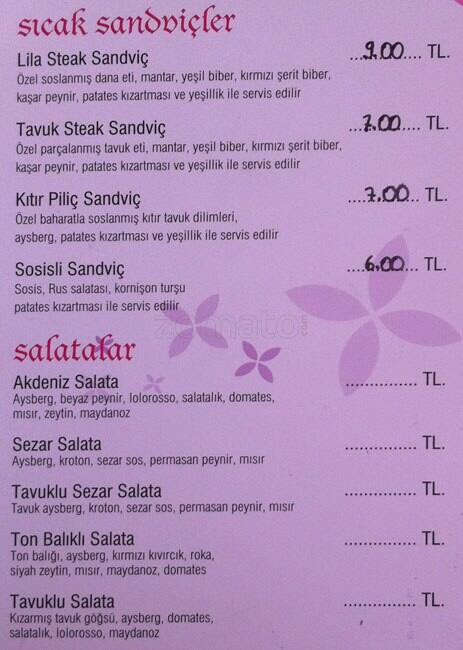 Carta de Lila Cafe, Ankara