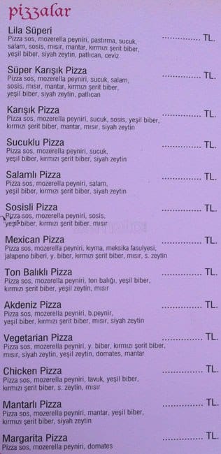 Carta de Lila Cafe, Ankara