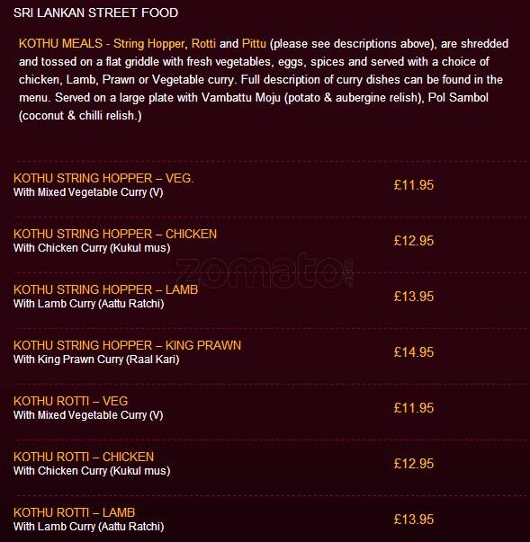 Carta del restaurante Elephant Walk, Londres