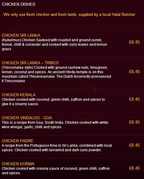 Carta del restaurante Elephant Walk, Londres