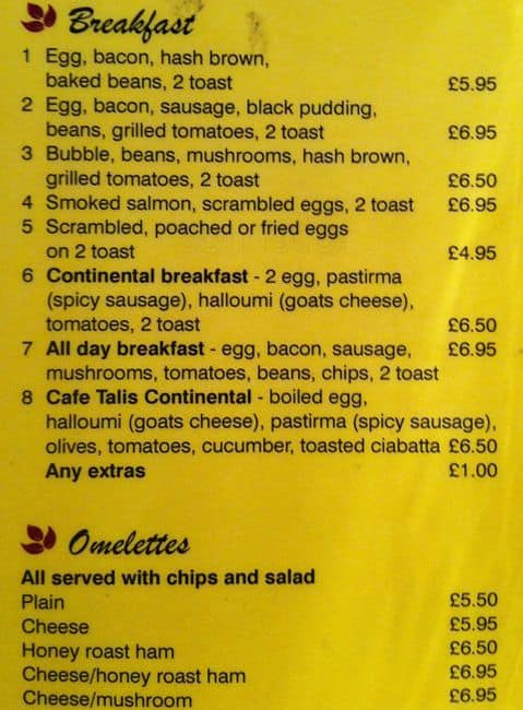 Menu at Cafe Talis, West Wickham, 12 High St