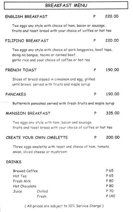 Menu at Cafe Mabini, Manila