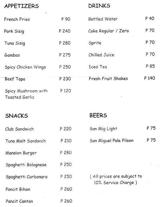 Menu at Cafe Mabini, Manila