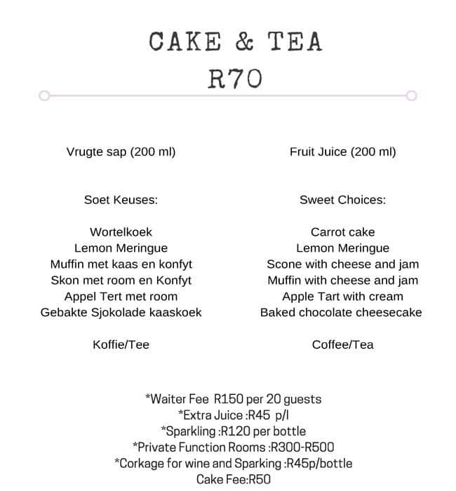 Menu at Deja Vu cafe, Pretoria