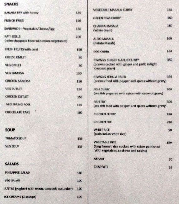 Menu at Vasco Homestay, Kochi, Vasco House CC 1/344