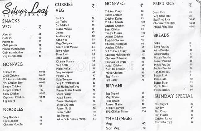 Menu at Silver Leaf Restaurant, Hyderabad