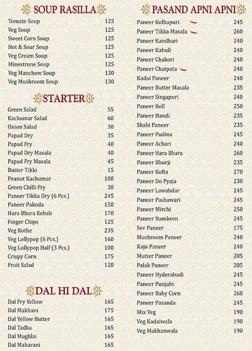 Menu of Shree Chotiwala Restaurant, South Tukoganj, Indore