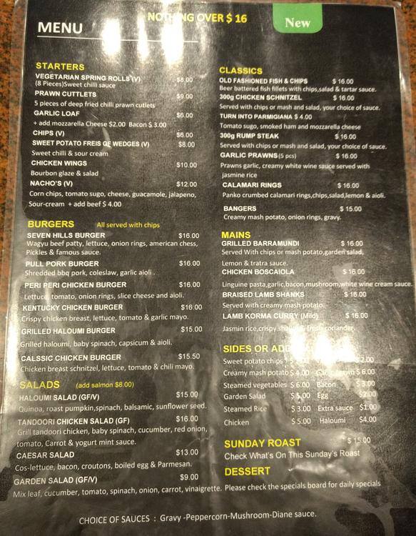 Menu at Hotel Seven Hills pub & bar, Seven Hills, 222 Prospect Hwy