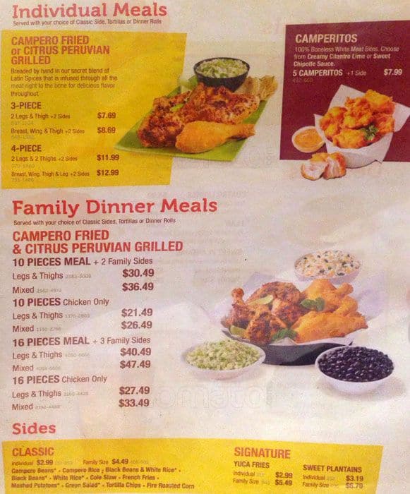 Menu at Pollo Campero restaurant, San Francisco