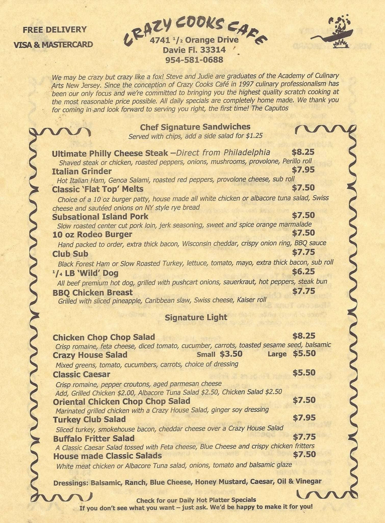 Menu at Crazy Cooks Cafe & Catering, Davie, 1 2 Orange Dr