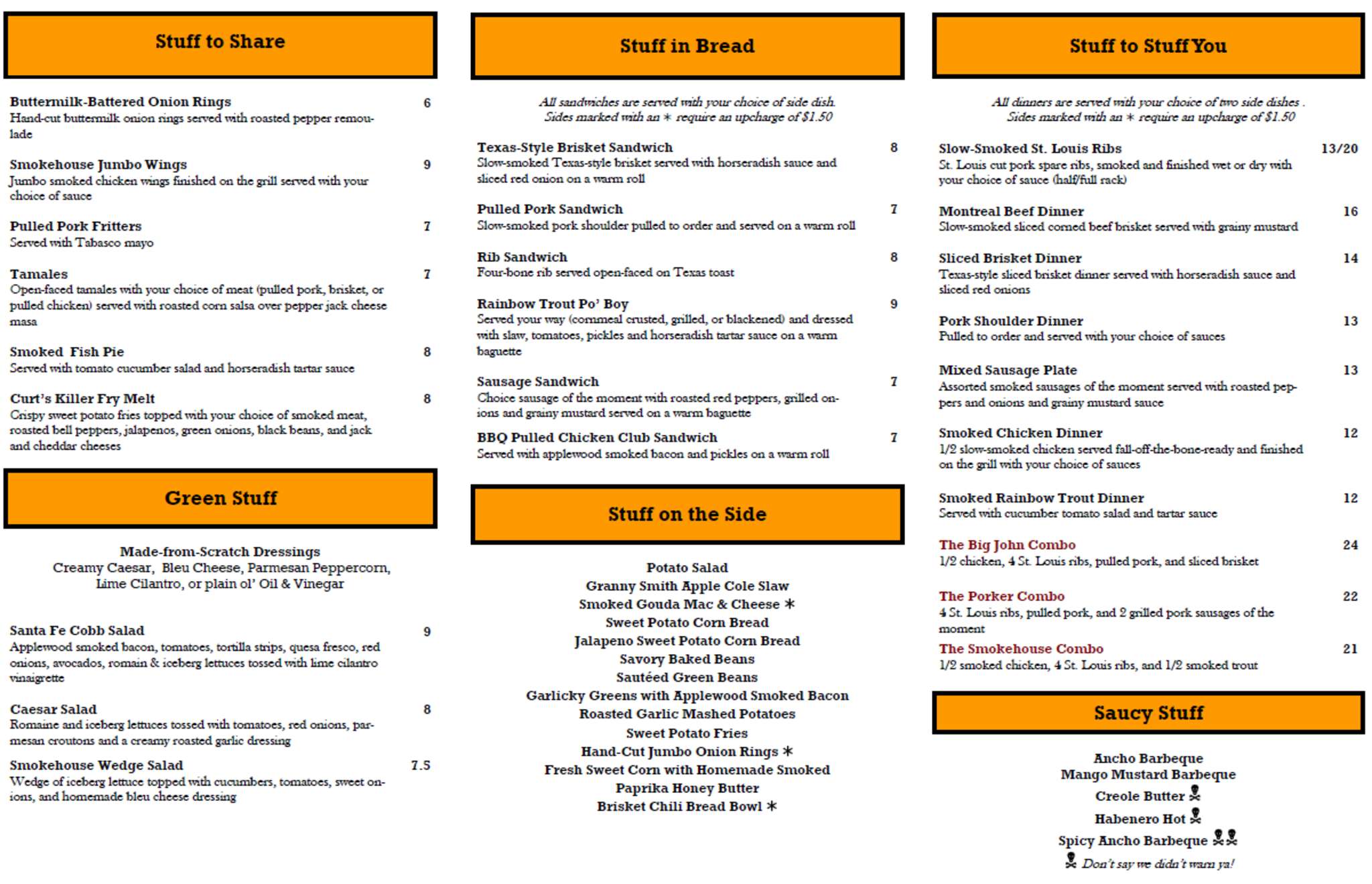 Menu at The Dunedin Smokehouse BBQ, Dunedin