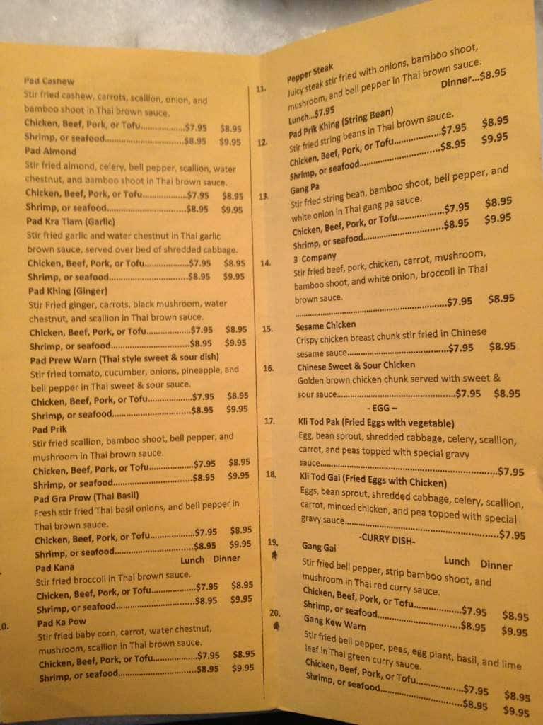 Menu at Thai Bangkok Restaurant, Milwaukee
