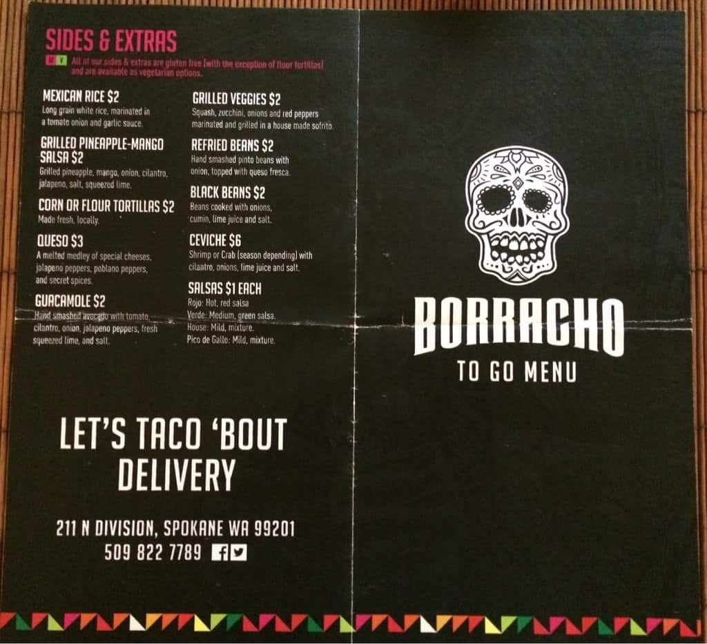 Menu at Borracho Tacos & Tequileria restaurant, Spokane