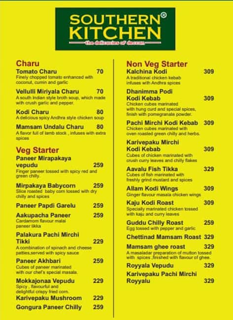Menu of Southern Kitchen, Gachibowli, Hyderabad