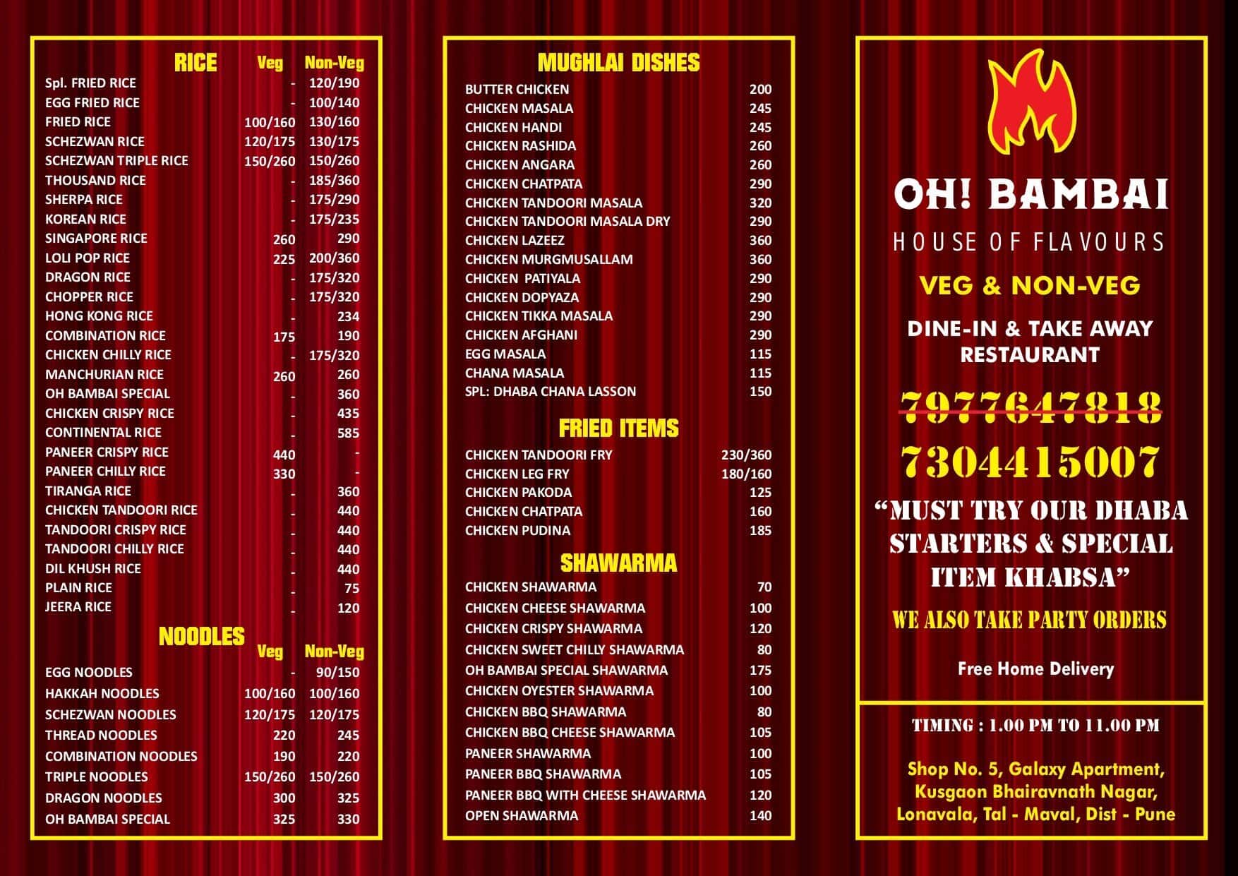 Menu of OH! BAMBAI, Lonavala, Pune