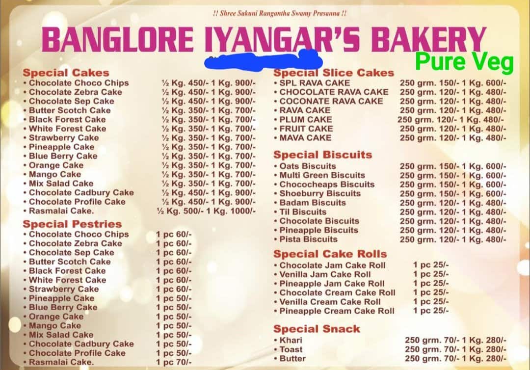 Menu of Bangalore Iyangar Bakery, Marol, Mumbai