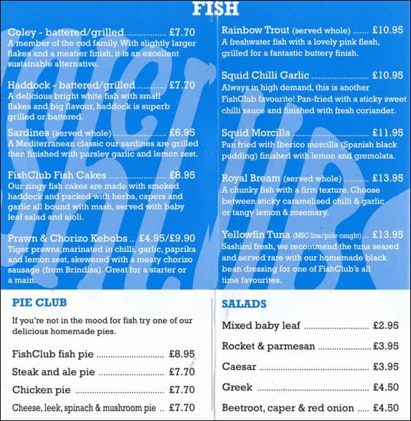 Menu at Fish Club, London, 189 St John's Hill