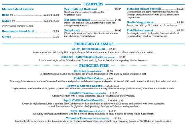 Menu at Fish Club, London, 189 St John's Hill