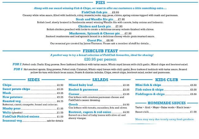 Menu at Fish Club, London, 189 St John's Hill