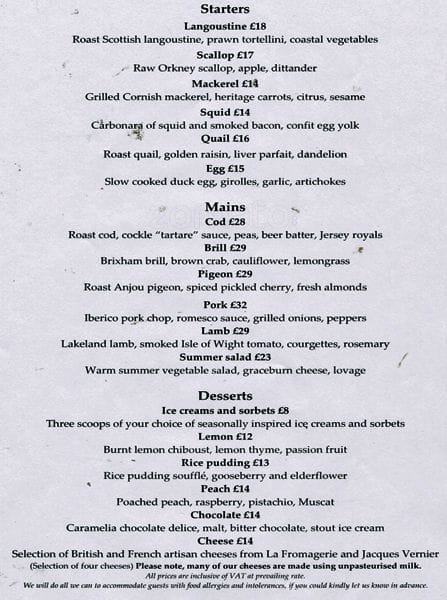 Menu at Roux at Parliament Square restaurant, London
