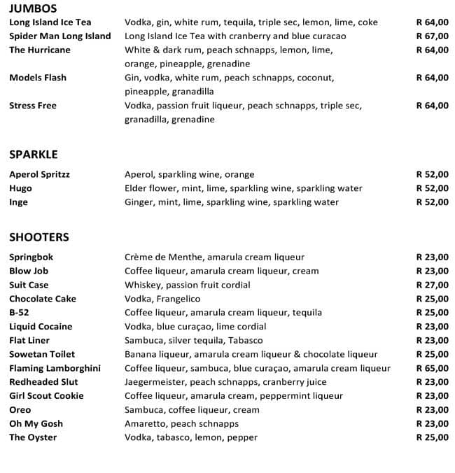 Menu au Cafe Extrablatt, Le Cap